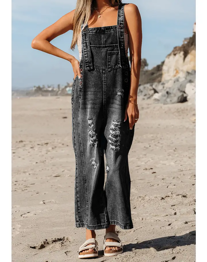 Distressed Denim Jumpsuit - Black – Bloom & Blossom